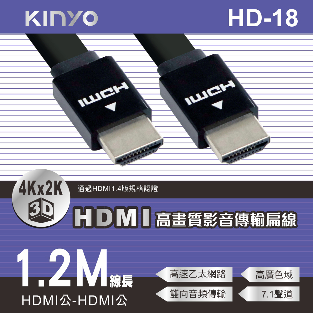 KINYO HDMI高畫質影音傳輸扁線(1.2M)HD18 - PChome 24h購物