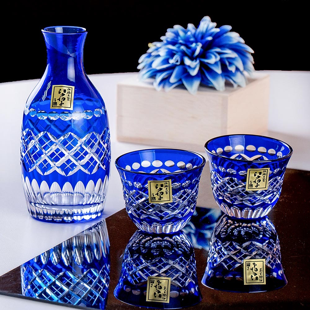 【田島硝子】玉矢來紋清酒杯壺3入禮盒組 1壺2杯 江戶切子 琉璃色 玻璃杯 傳統工藝(TG98-71-5) - PChome 24h購物